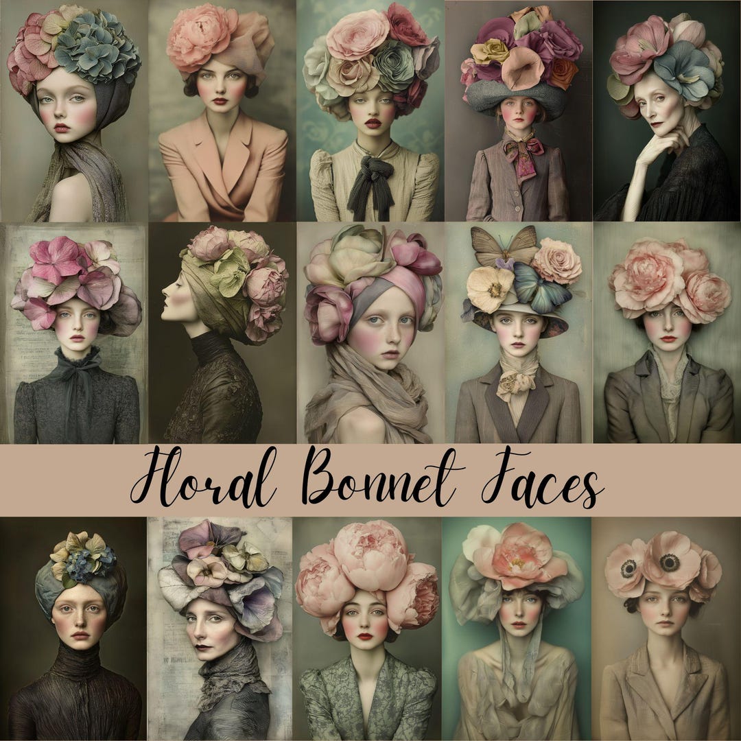Vintage Surreal Woman Portraits: 72 Floral Bonnet Faces, Printable ...