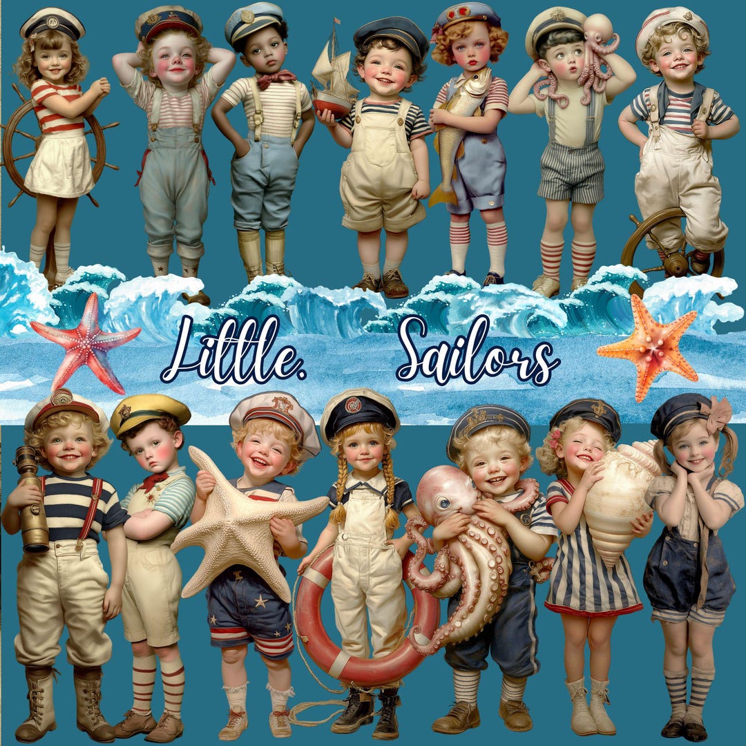Nautical Clipart Bundle: Sailor Kids, Ocean Animals (PNG, JPG Digital ...