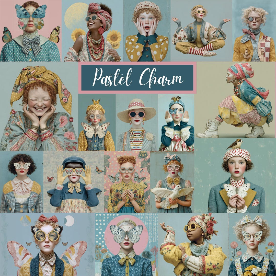 Pastel Charm Whimsical Pastel Characters , 88 Images for Collage Art ...