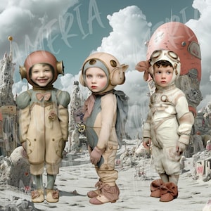 Steampunk Space Kids Clipart: Retro Astronauts, Fantasy Backgrounds ...
