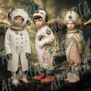 Steampunk Space Kids Clipart: Retro Astronauts, Fantasy Backgrounds ...