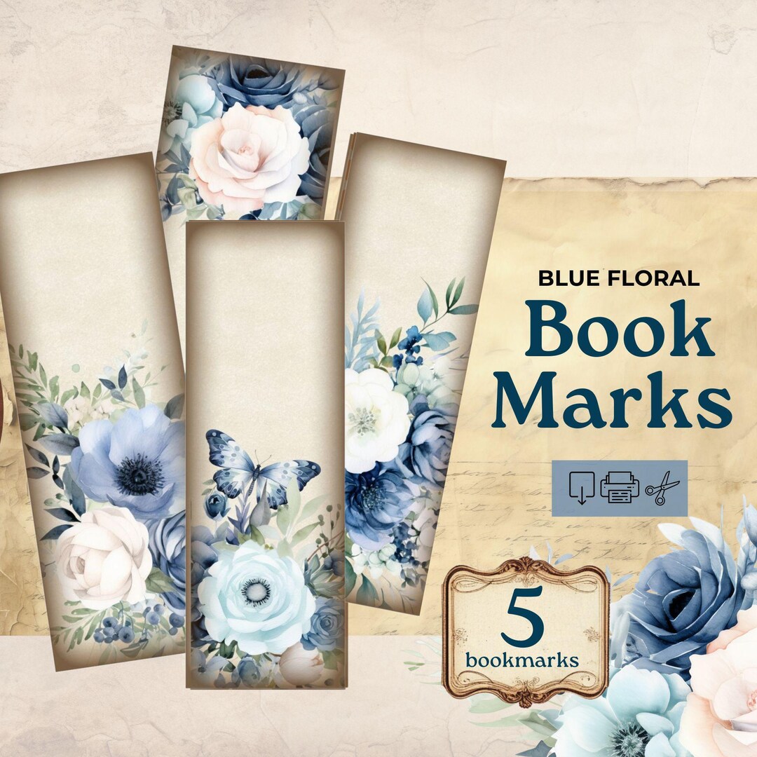 Printable Floral Bookmark, Blue Floral Butterfly Journal Watercolor ...