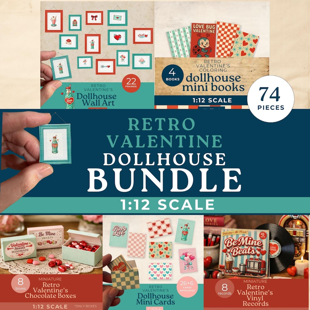 Printable Dollhouse Miniatures , Retro Valentine's Day Mini Decor Full ...