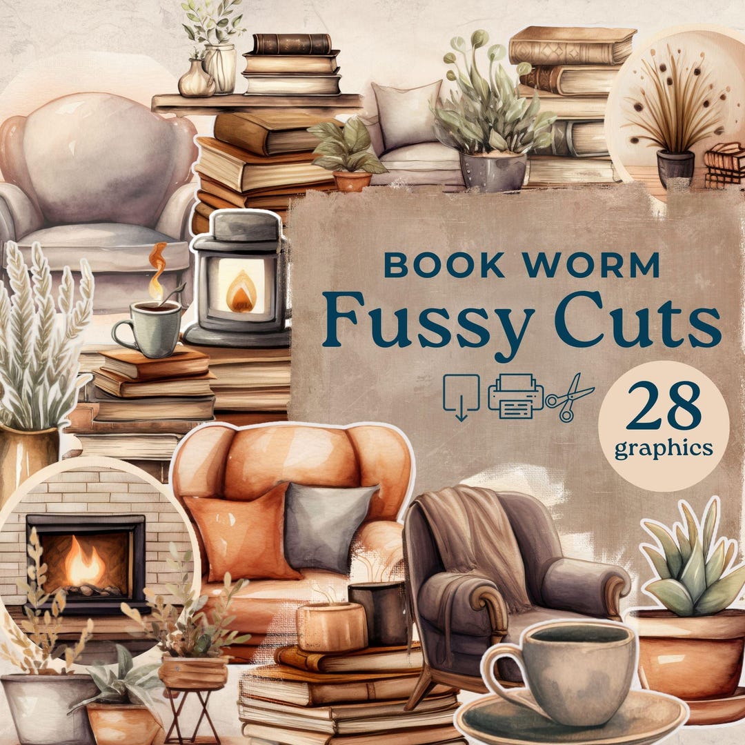 Book Worm Fussy Cuts, Vintage Books Printable, Books Junk Journal, Book ...