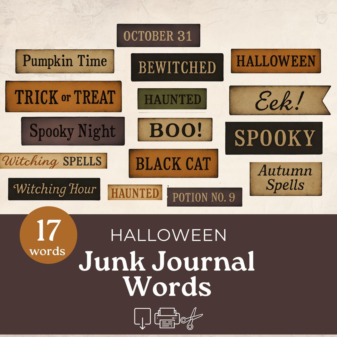 Halloween Junk Journal Words , Printable Vintage Ephemera Labels, Word ...