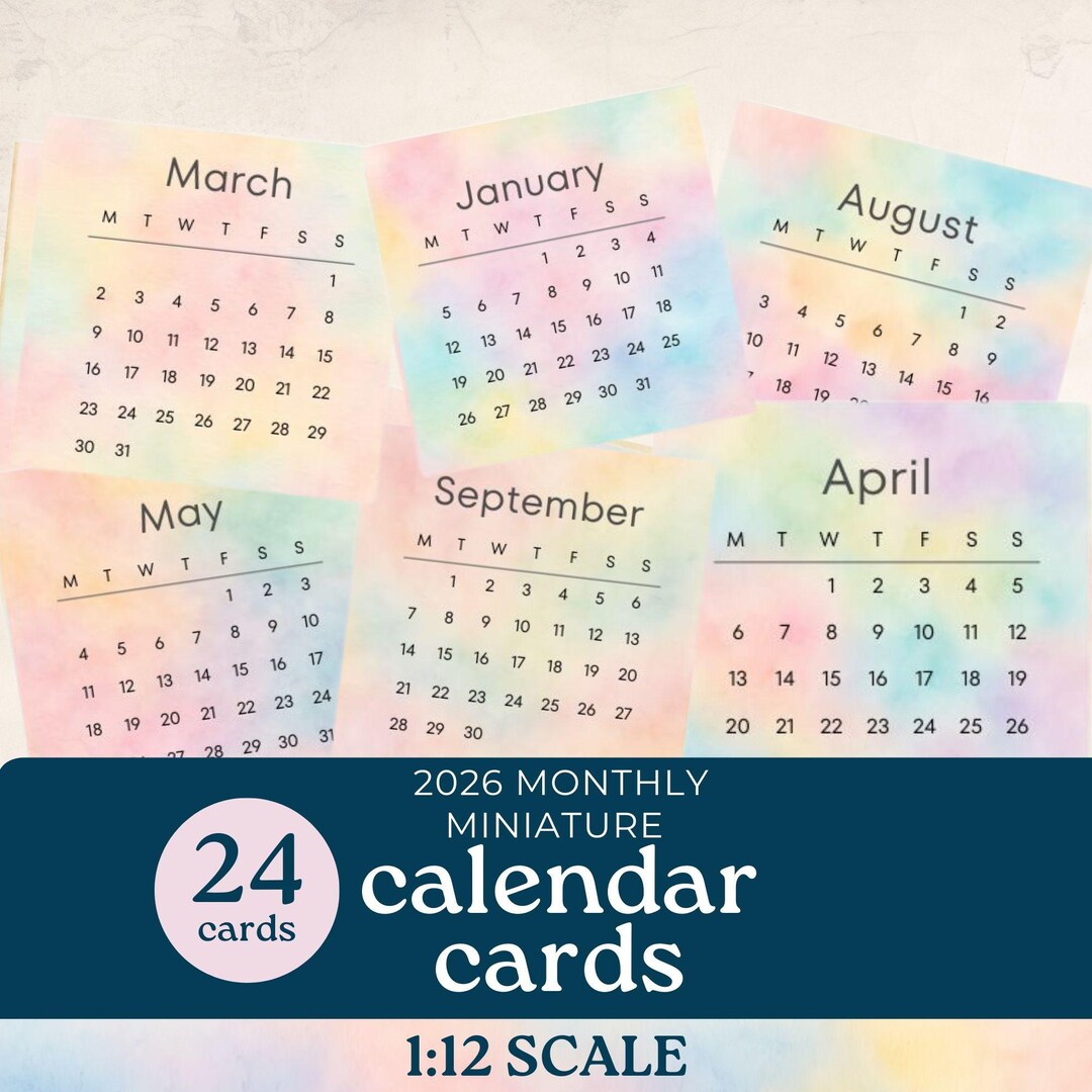 Monthly Calendar Cards Miniature , 2026 Watercolor Printable Dollhouse ...