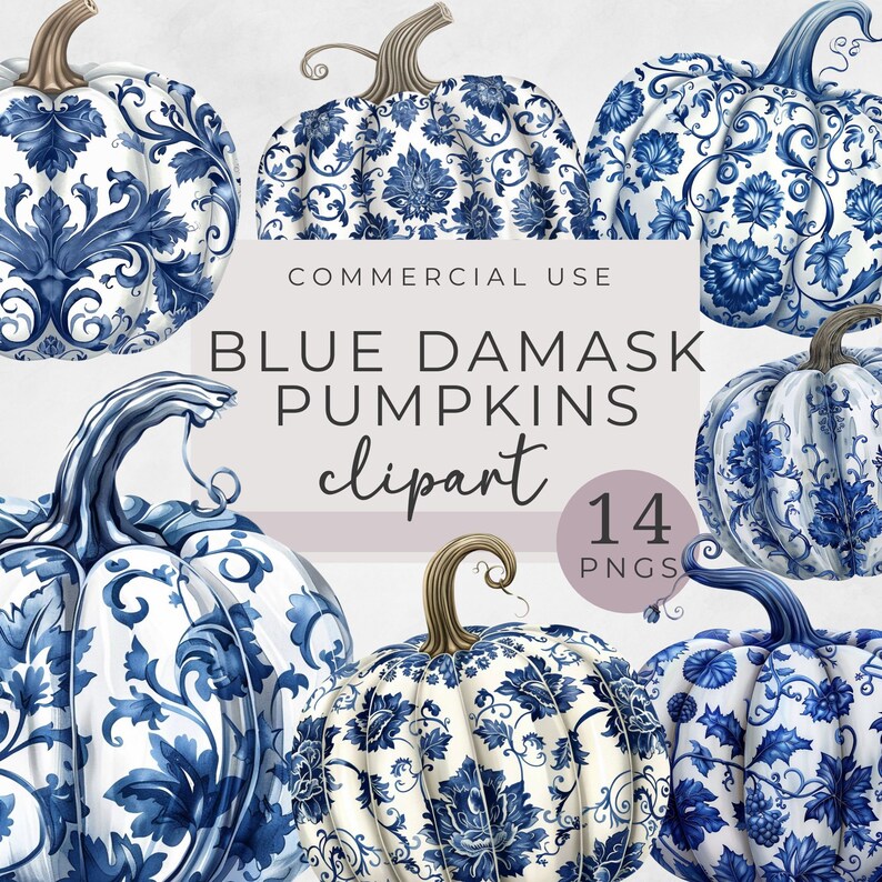 Toile Pumpkin Clipart Pack, Damask Fall Junk Journal Pngs, Fall ...