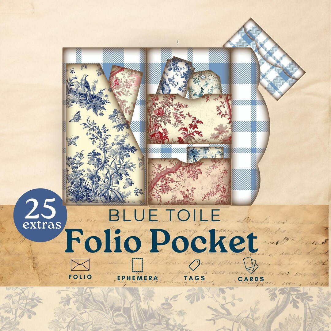Blue Toile Junk Journal Folio Printables , Blue Printable Ephemera ...