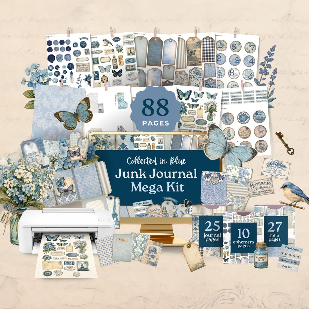 Junk Journal Mega Kit, Printable Scrapbooking Bundle, Ephemera, Blue ...