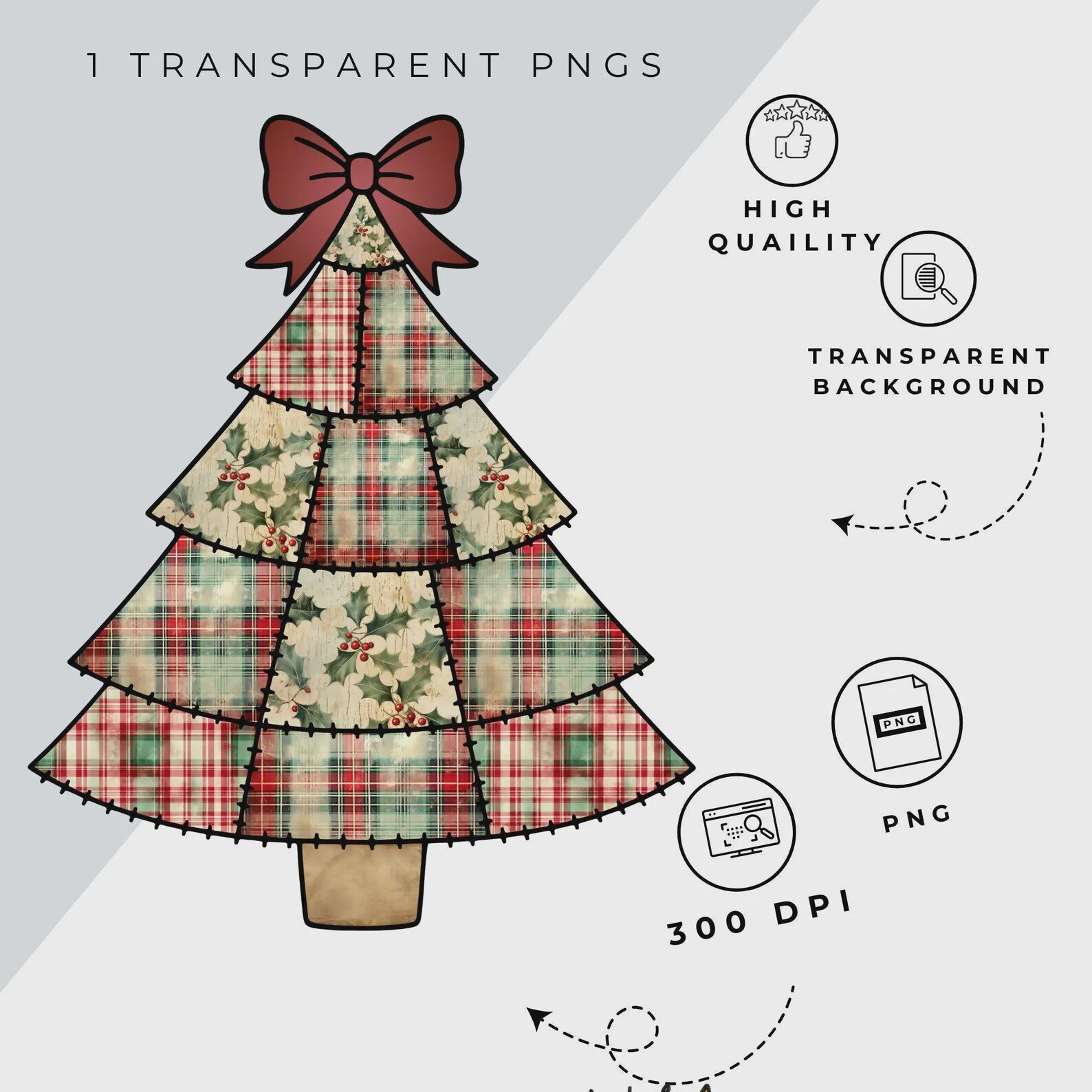 Patchwork Christmas Tree Png, Merry Christmas Bow Png, Tartan Plaid ...