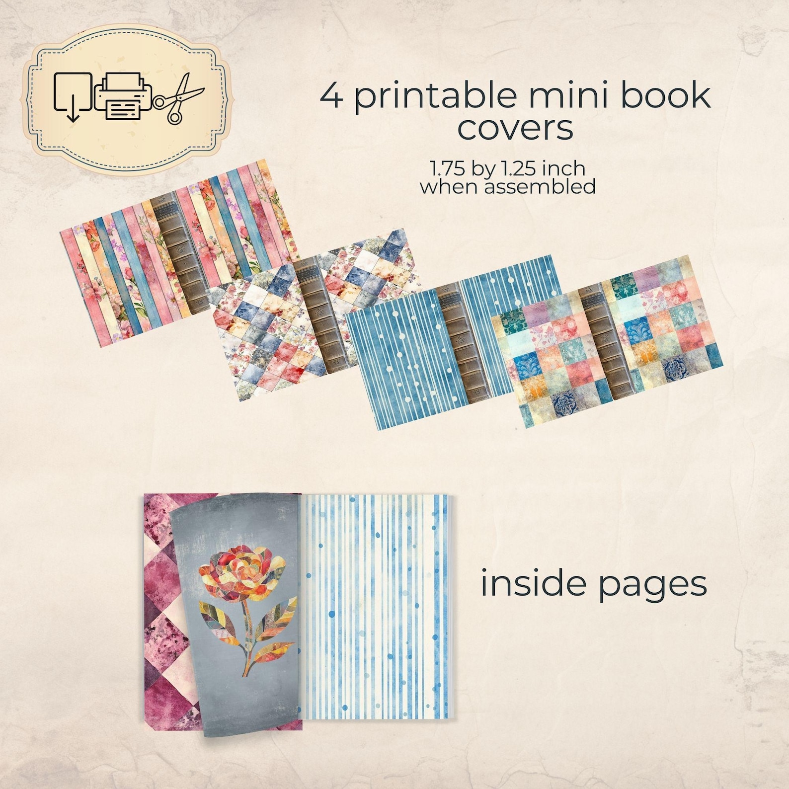 Printable Dollhouse Mini Book, Patchwork Vintage Miniature Book, Junk ...