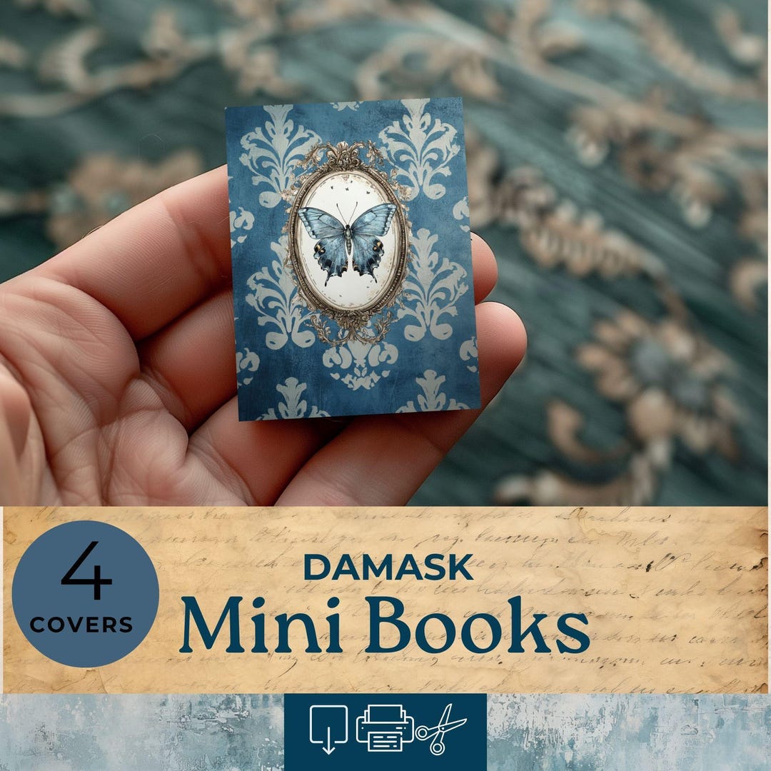 Printable Dollhouse Mini Book, Vintage Damask Miniature Book, Butterfly ...