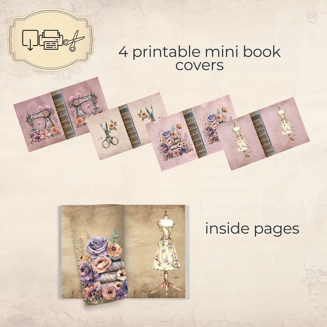 Printable Dollhouse Mini Book, Sewing Miniature Book, Floral Junk ...