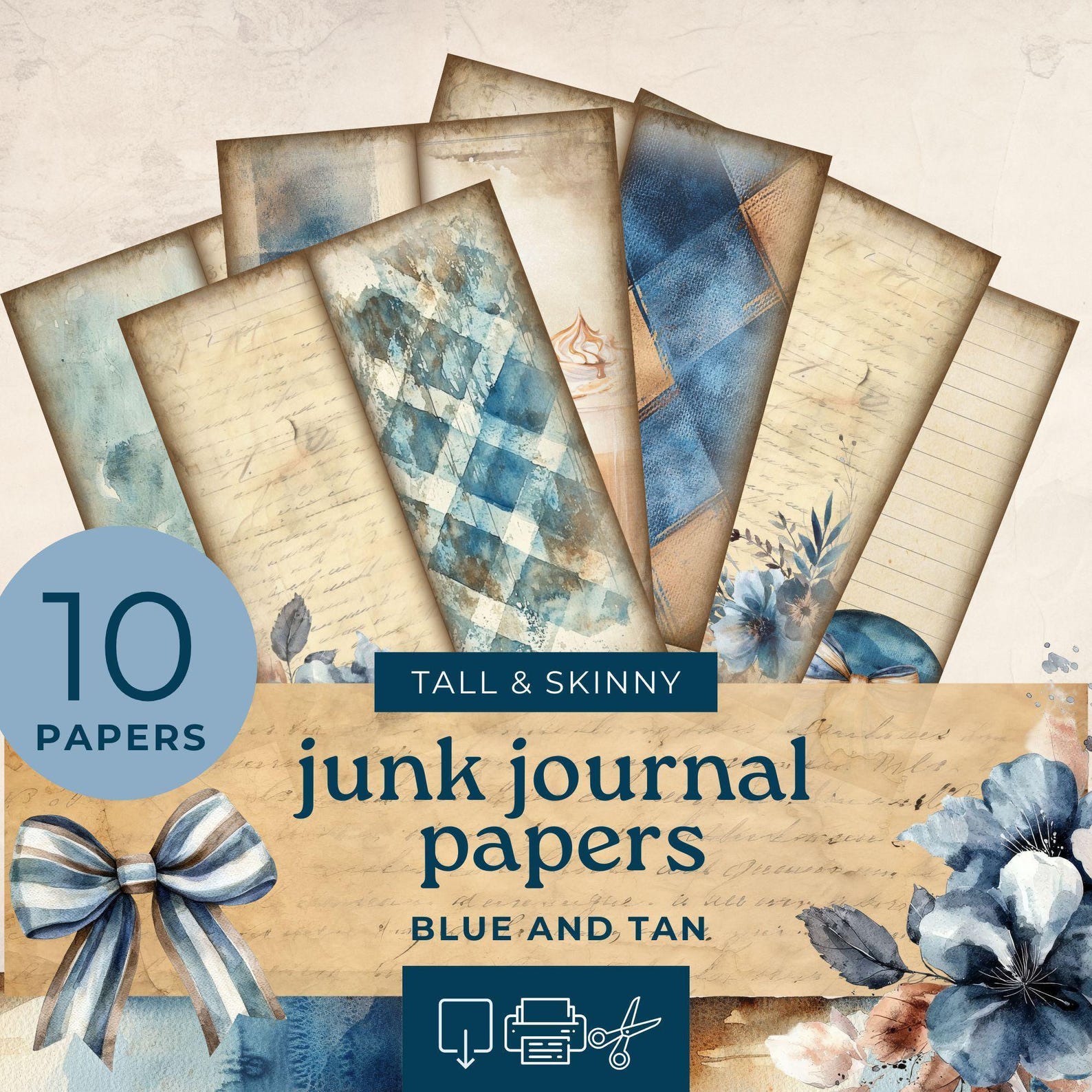 Blue and Tan Junk Journal Kit, Printable Junk Journal Pocket Folio ...