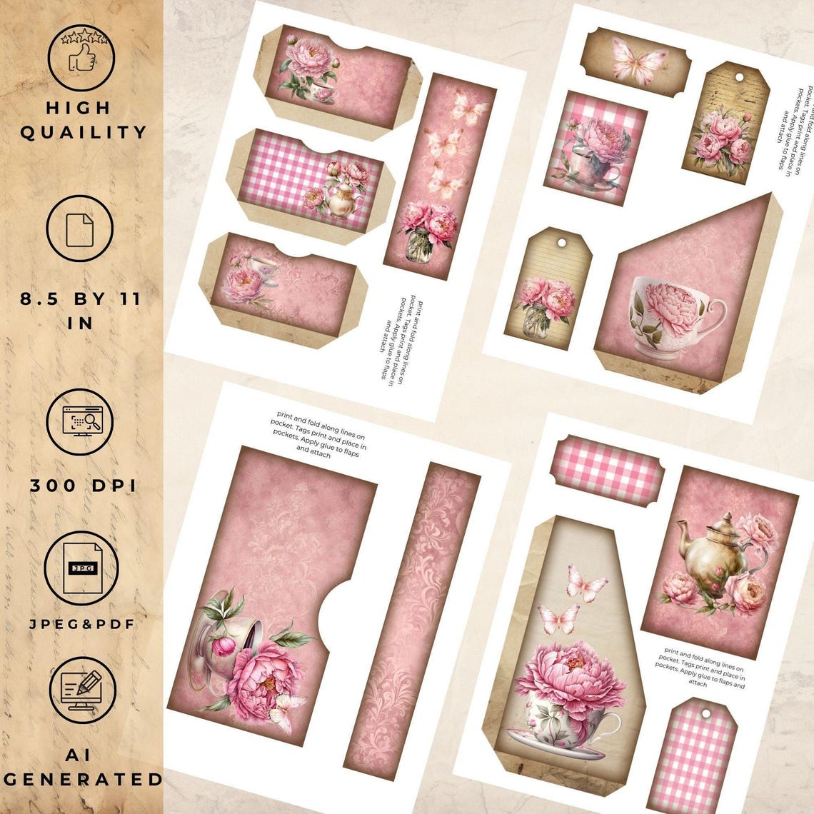 Pink Junk Journal Folio, Junk Journal Tea Cups, Peony Junk Journal ...