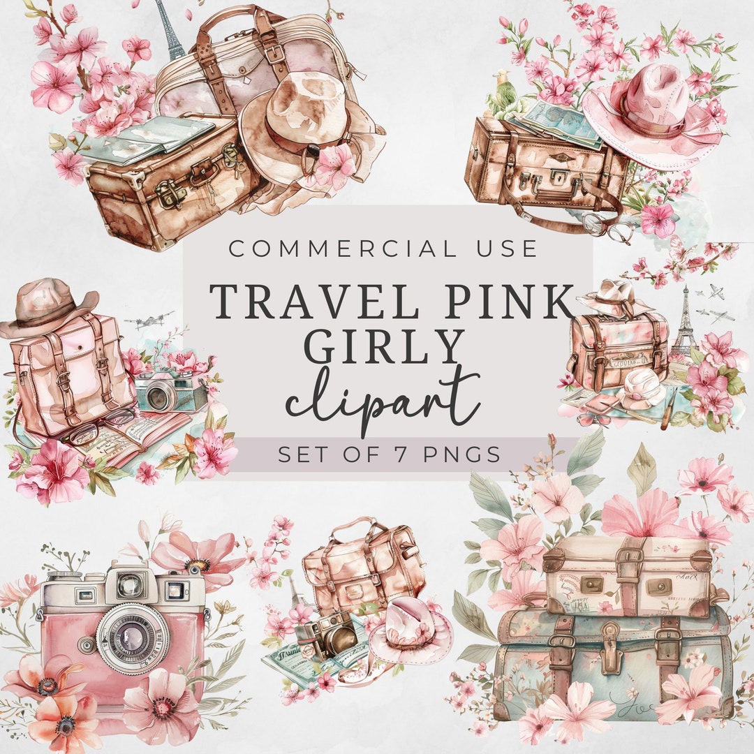 Travel Watercolor Clipart Pink Girly, Travel Ephemera Pack, Vintage ...