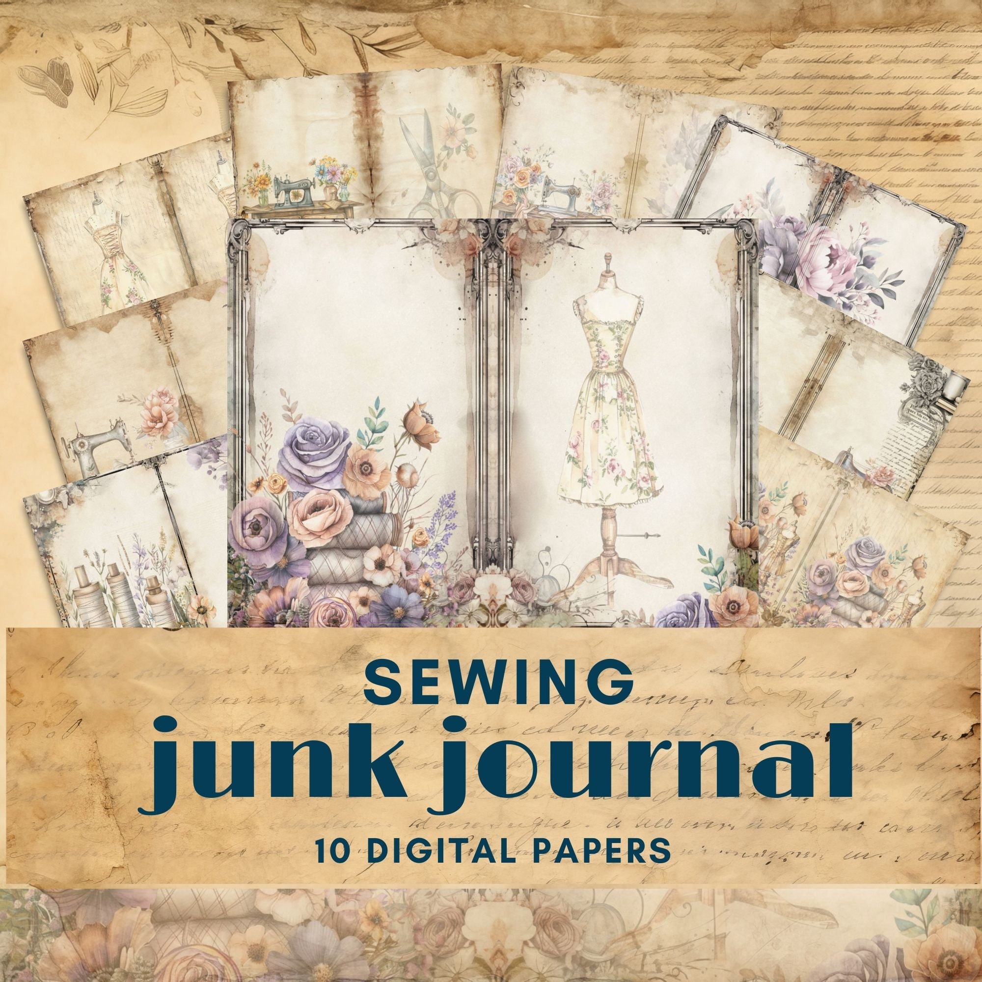 Sewing Theme Printable Junk Journal, Sewing Junk Journal Papers, Themed Scrapbooking, Vintage ...