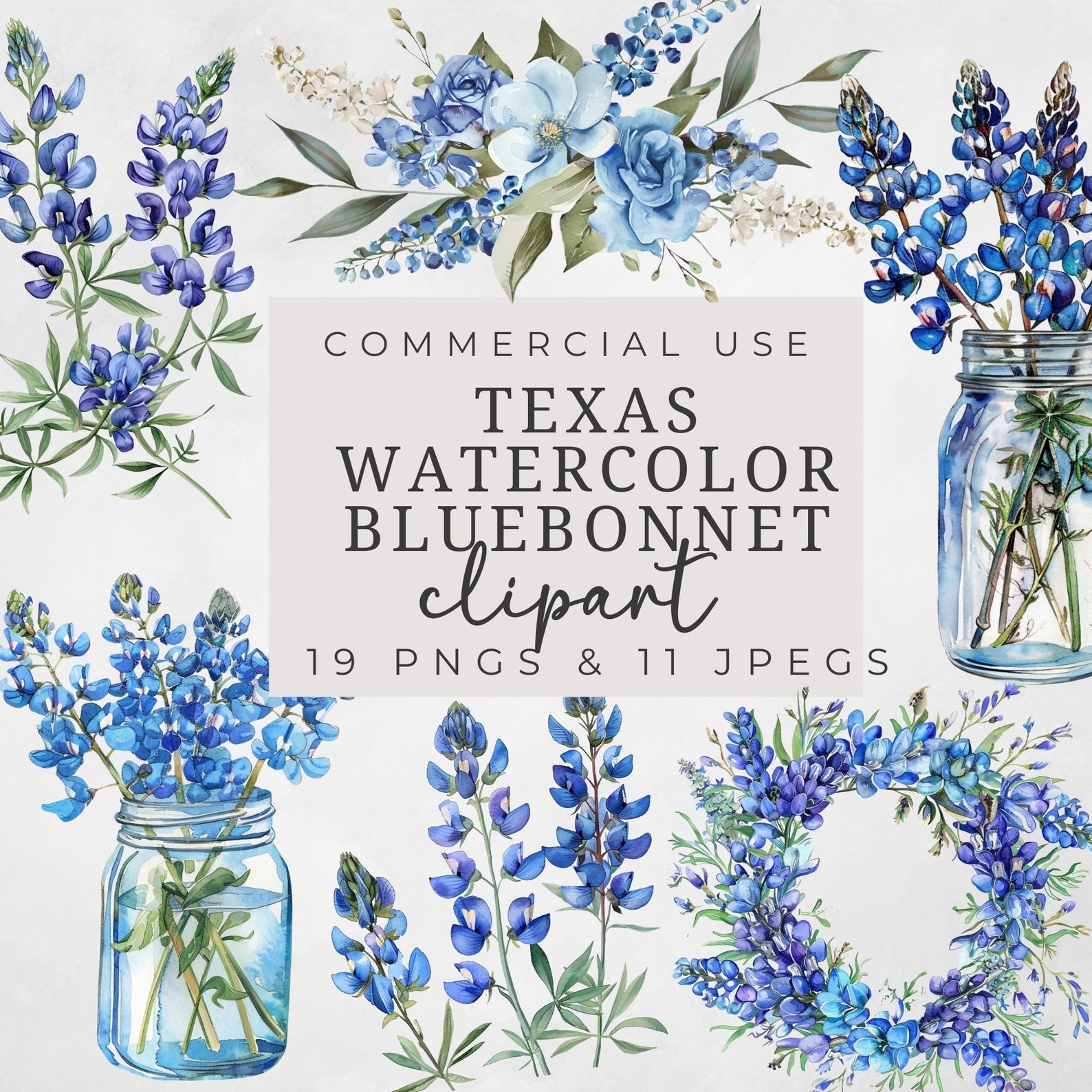 Texas Watercolor Bluebonnet Clipart, Floral Texan Wedding Decor, Texas ...