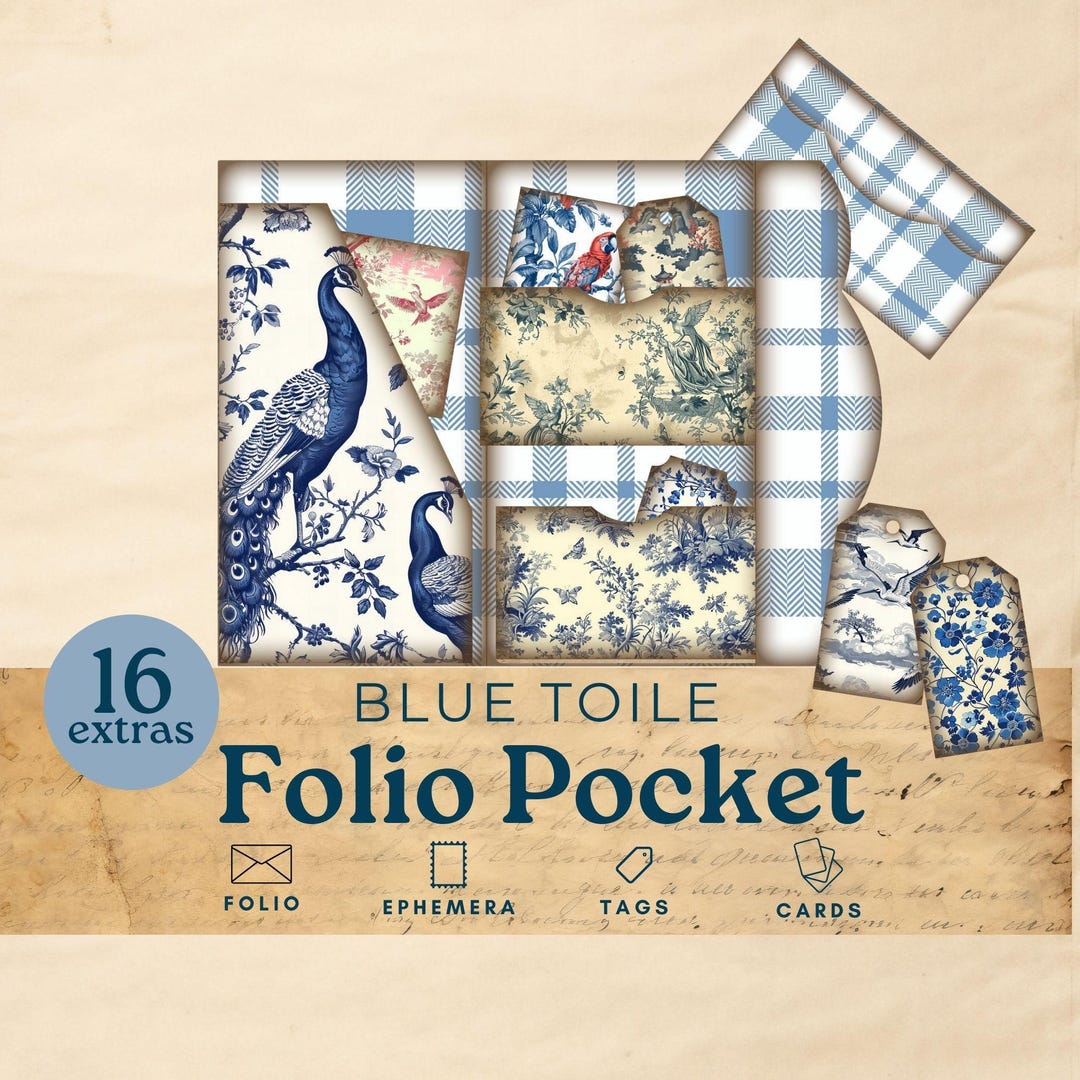Blue Toile Junk Journal Folio Printables , Blue Printable Ephemera ...