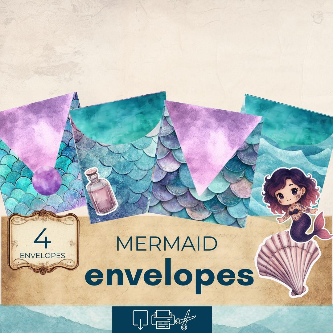 Mermaid Junk Journal Envelopes, Mermaid Fussy Cuts, Teal and Purple ...