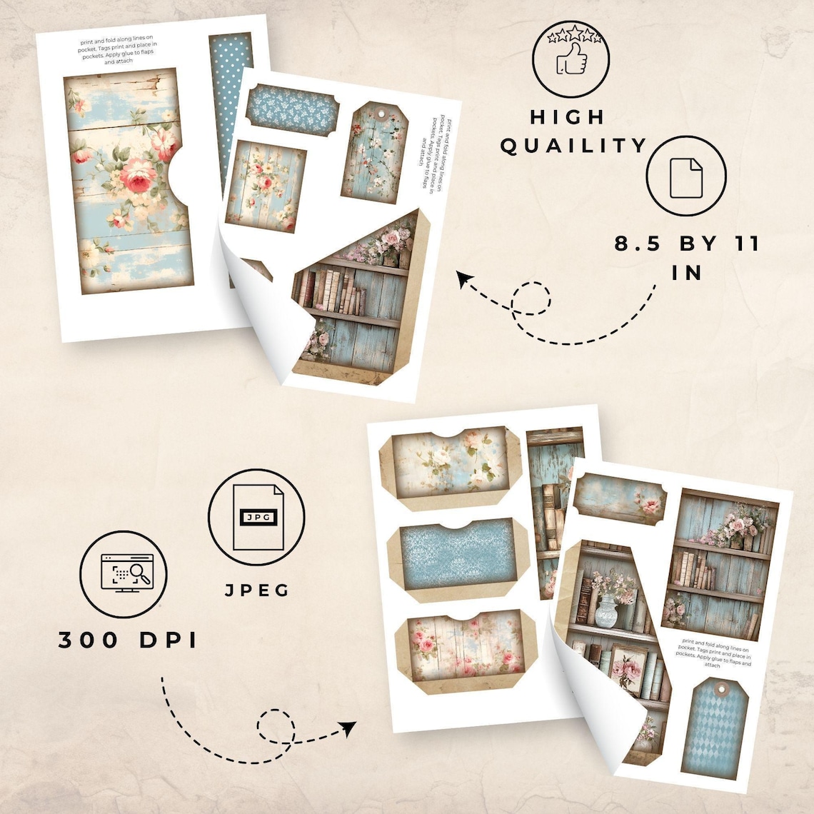 Shabby Chic Library Junk Journal Folio, Teal Floral Junk Journal Folio ...