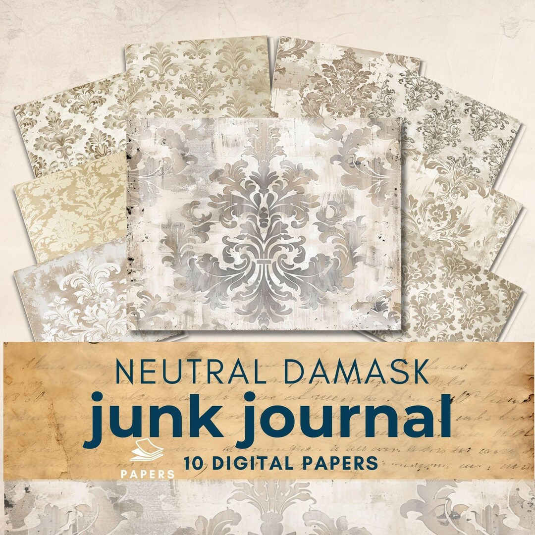 Neutral Damask Junk Journal Digital Paper, Vintage Floral Printable ...