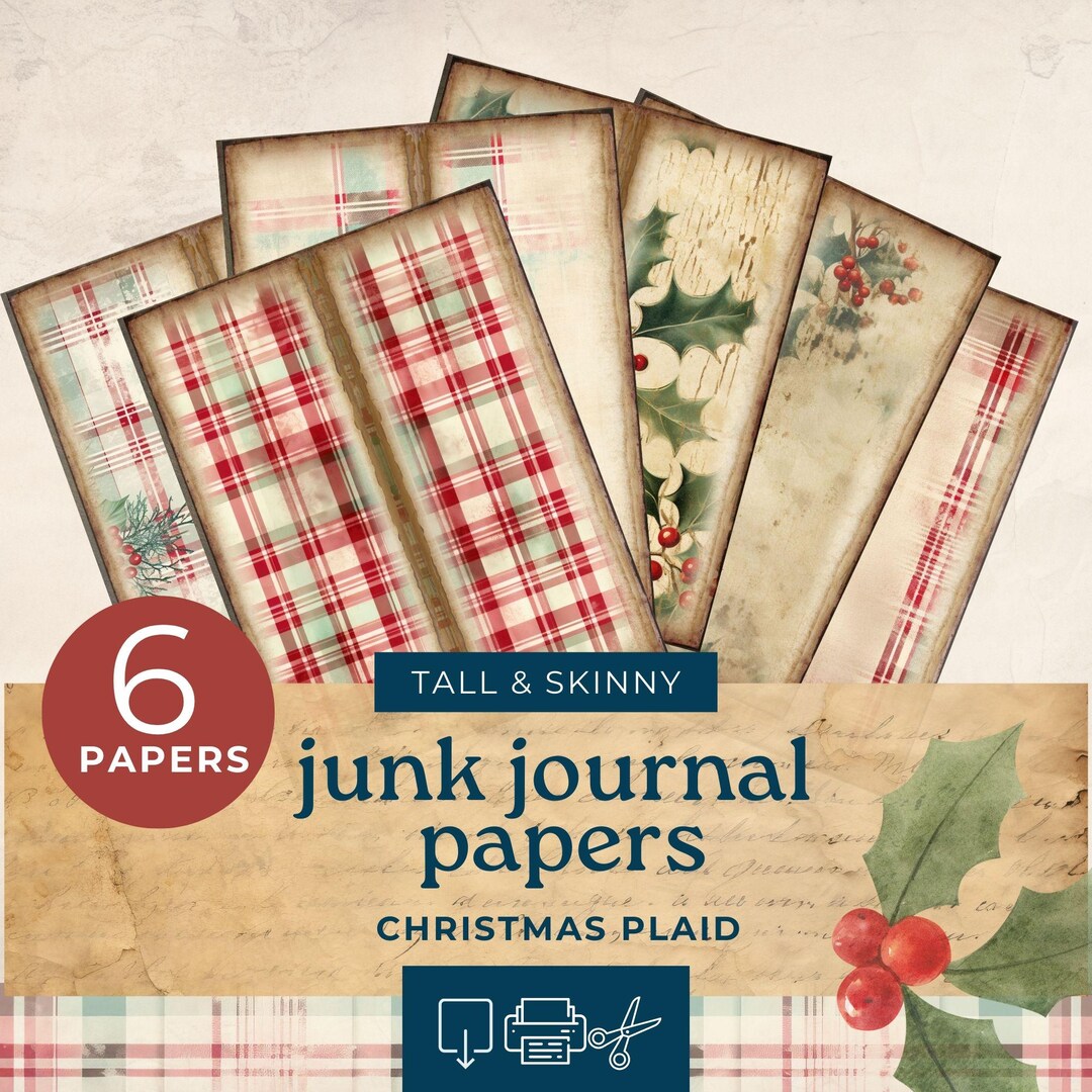 Christmas Plaid Tall and Skinny Junk Journal Printables , Shabby Chic ...