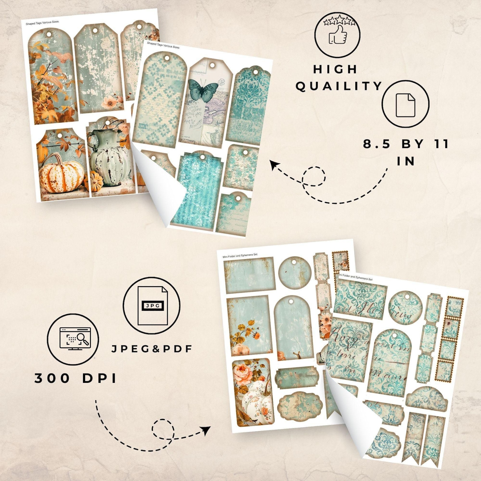 Teal Pumpkin Junk Journal Ephemera, Fall Ephemera Cards, Digital ...