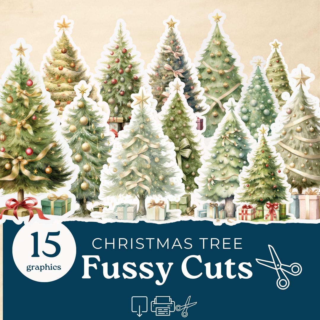 Fussy Cut Christmas Trees, Digital Junk Journal, Scrapbooking Ephemera ...