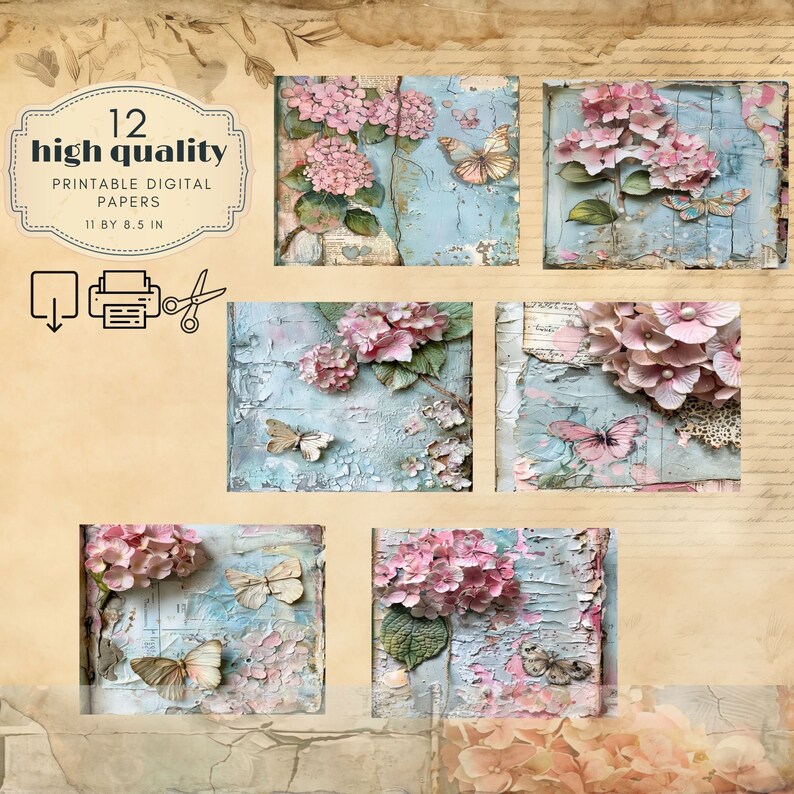 Pastel Pink and Blue Floral Junk Journal Pages, Shabby Chic Journal ...