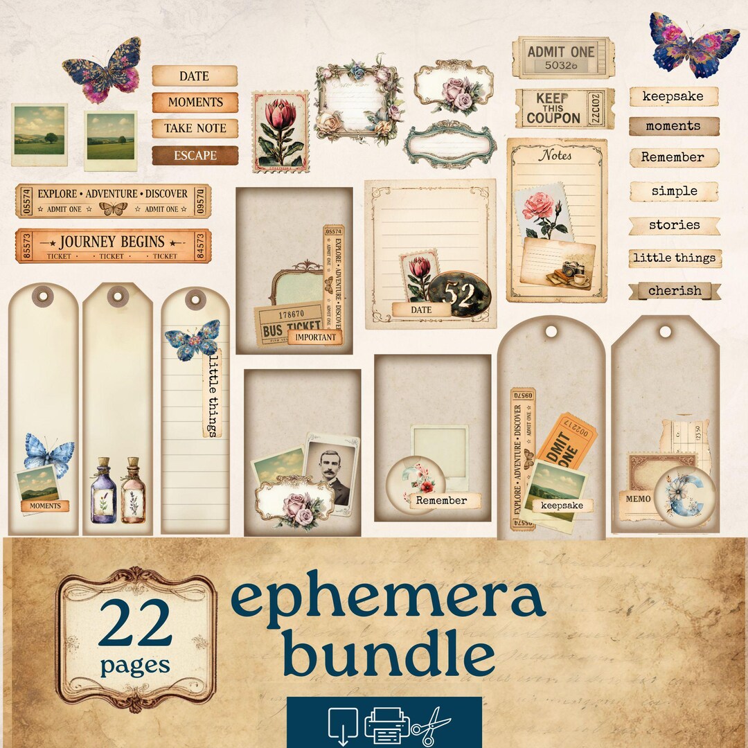 Junk Journal Ephemera Bundle, Lined Printable Tags Cards, Scrapbooking ...