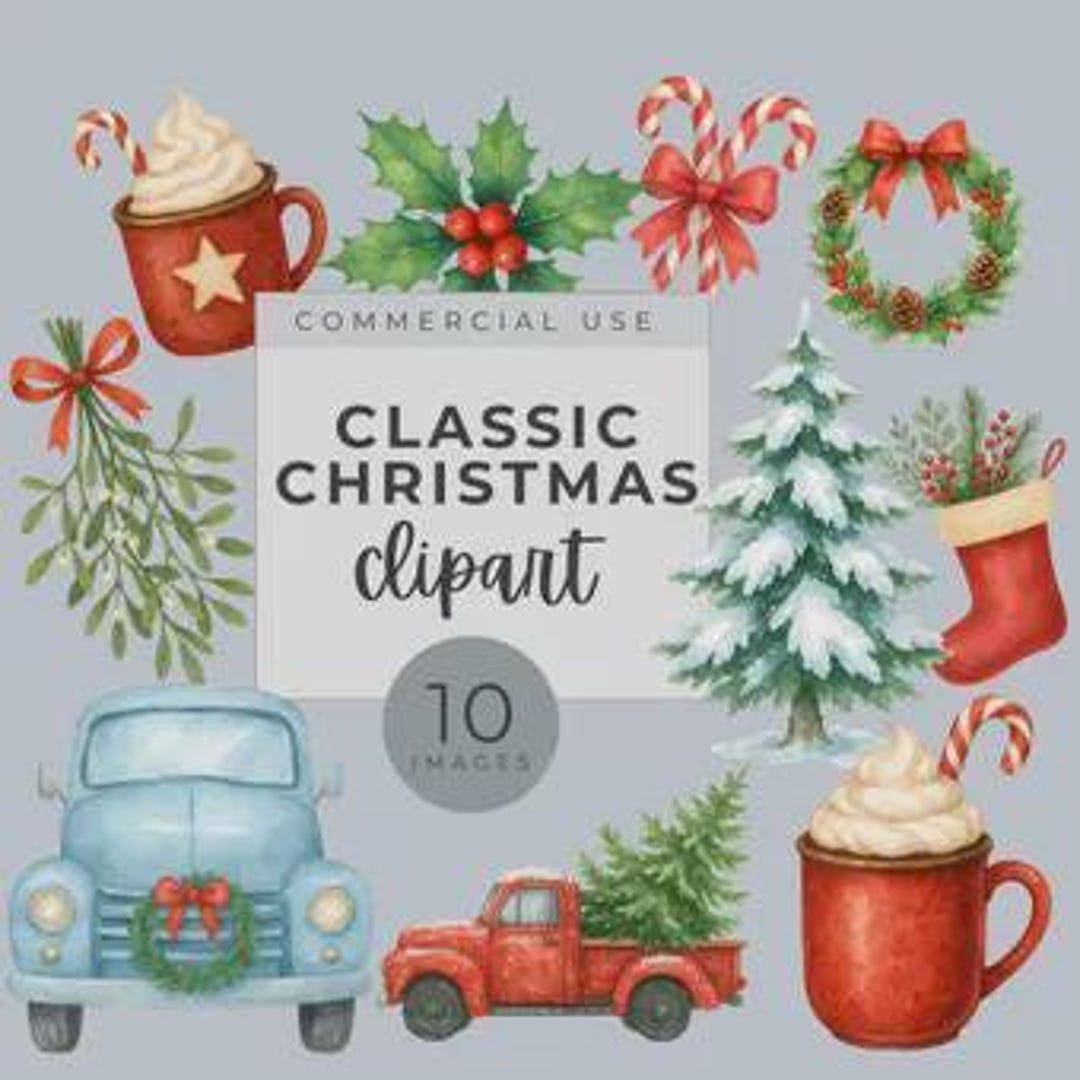 Watercolor Classic Christmas Clipart, Christmas Truck Clipart, Cozy ...