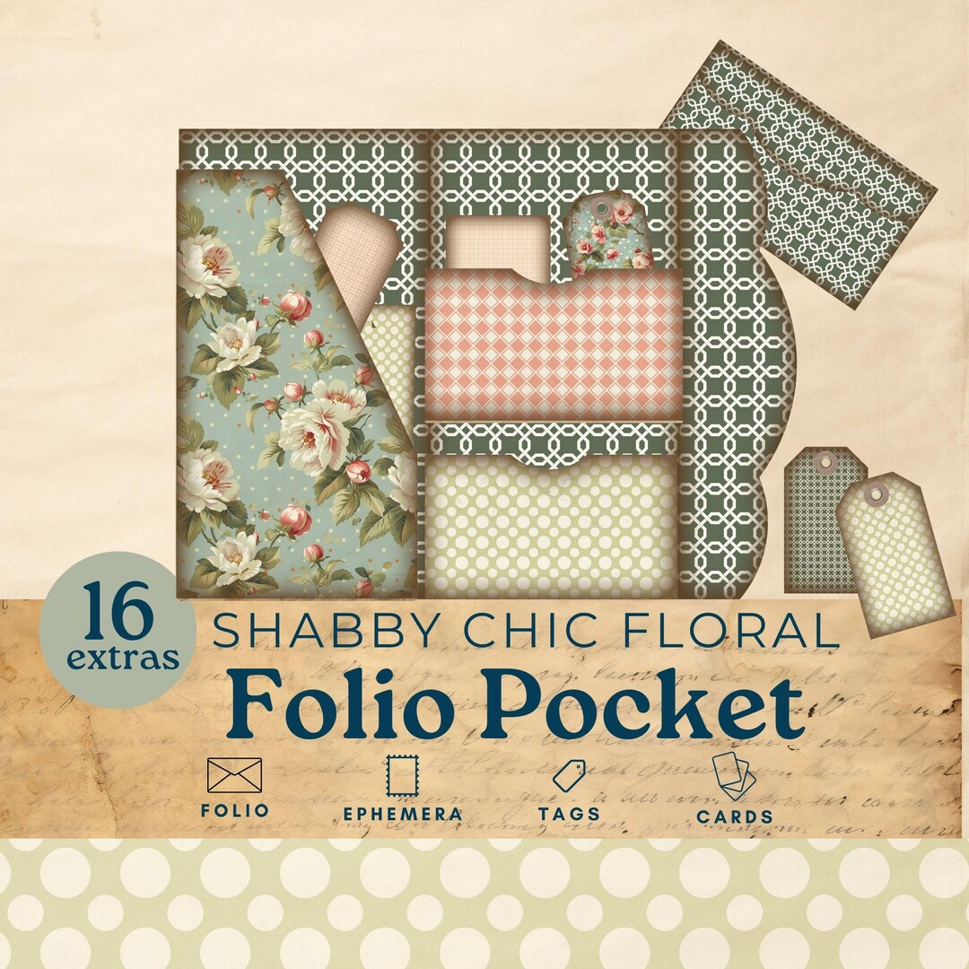 Shabby Chic Floral Junk Journal Folio, Floral Trifold Pocket Ephemera, Shabby Chic Collage Paper ...