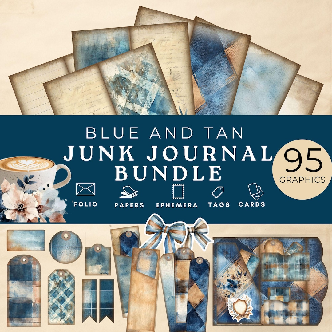 Blue and Tan Junk Journal Kit, Printable Junk Journal Pocket Folio ...