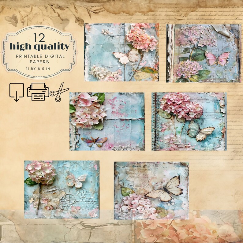 Pastel Pink and Blue Floral Junk Journal Pages, Shabby Chic Journal ...