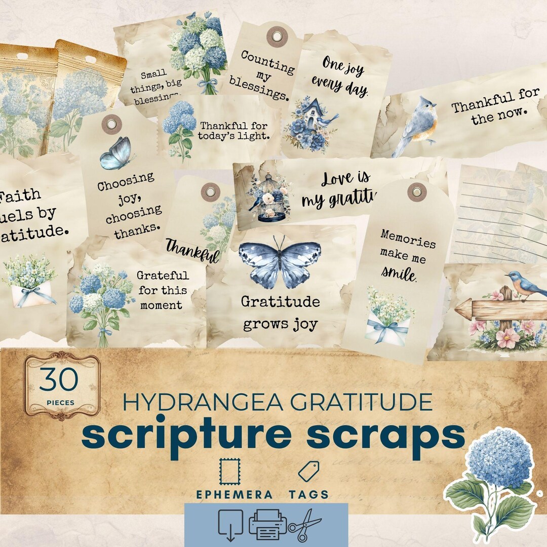 Scripture Scraps Junk Journal Ephemera, Blue Hydrangea Gratitude Junk ...