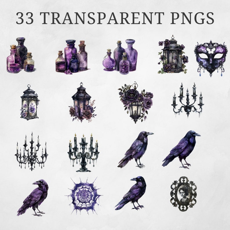 Gothic Clipart Pack, Dark Academia Pngs, Purple and Black Ephemera Png ...