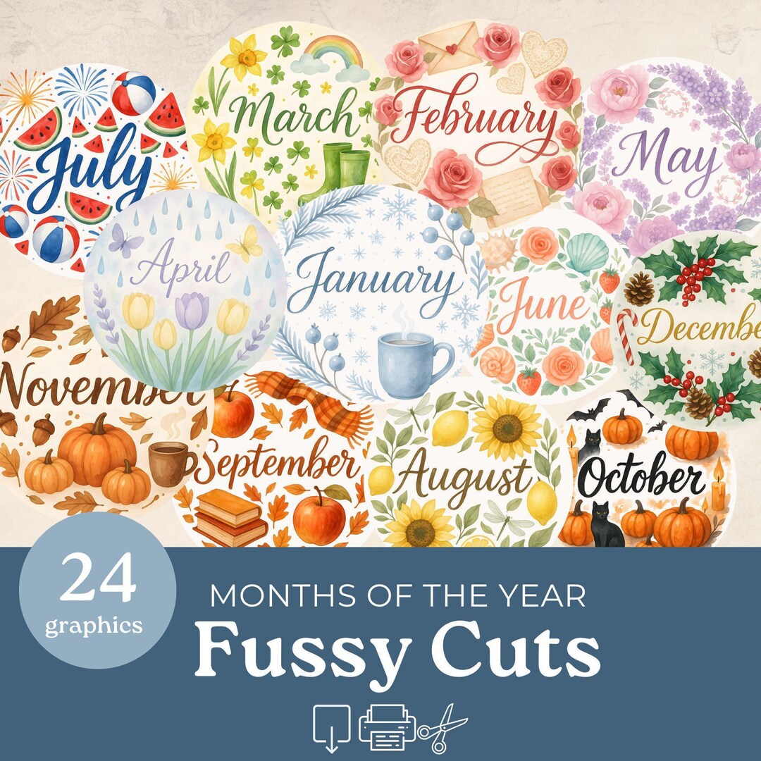 Months of the Year Fussy Cuts, Watercolor Ephemera Labels, Scrapbooking ...