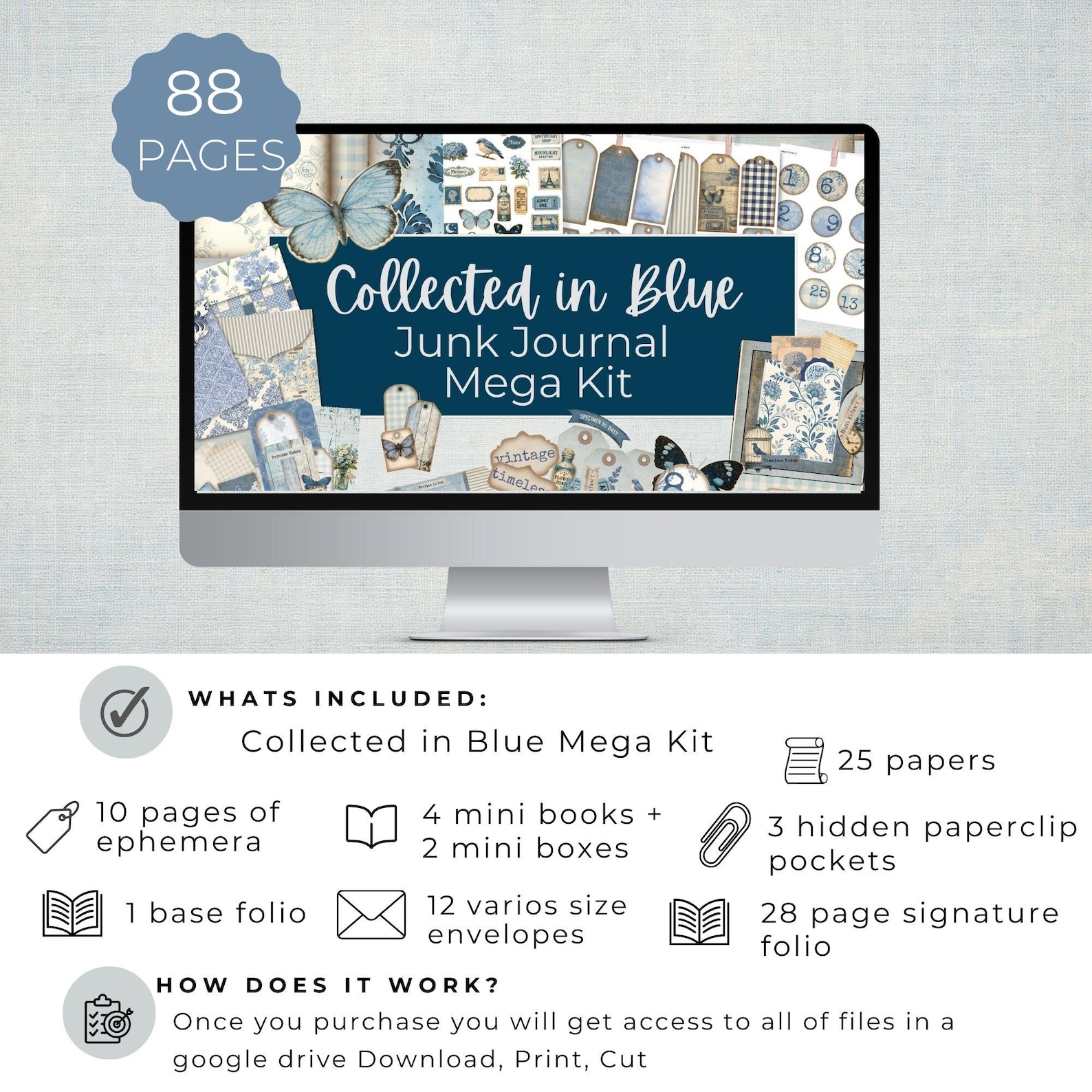 Junk Journal Mega Kit, Printable Scrapbooking Bundle, Ephemera, Blue ...