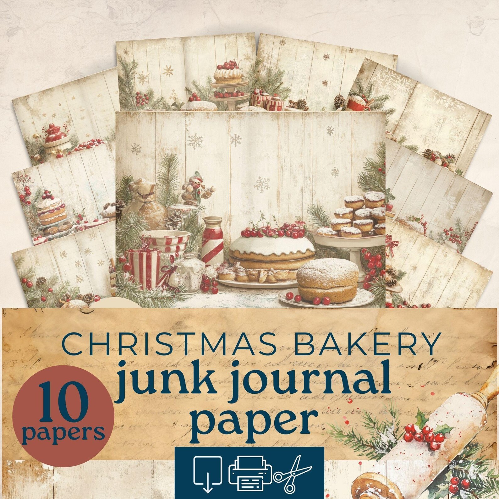 Christmas Bakery Junk Journal Paper, Vintage Christmas Paper, Shabby ...