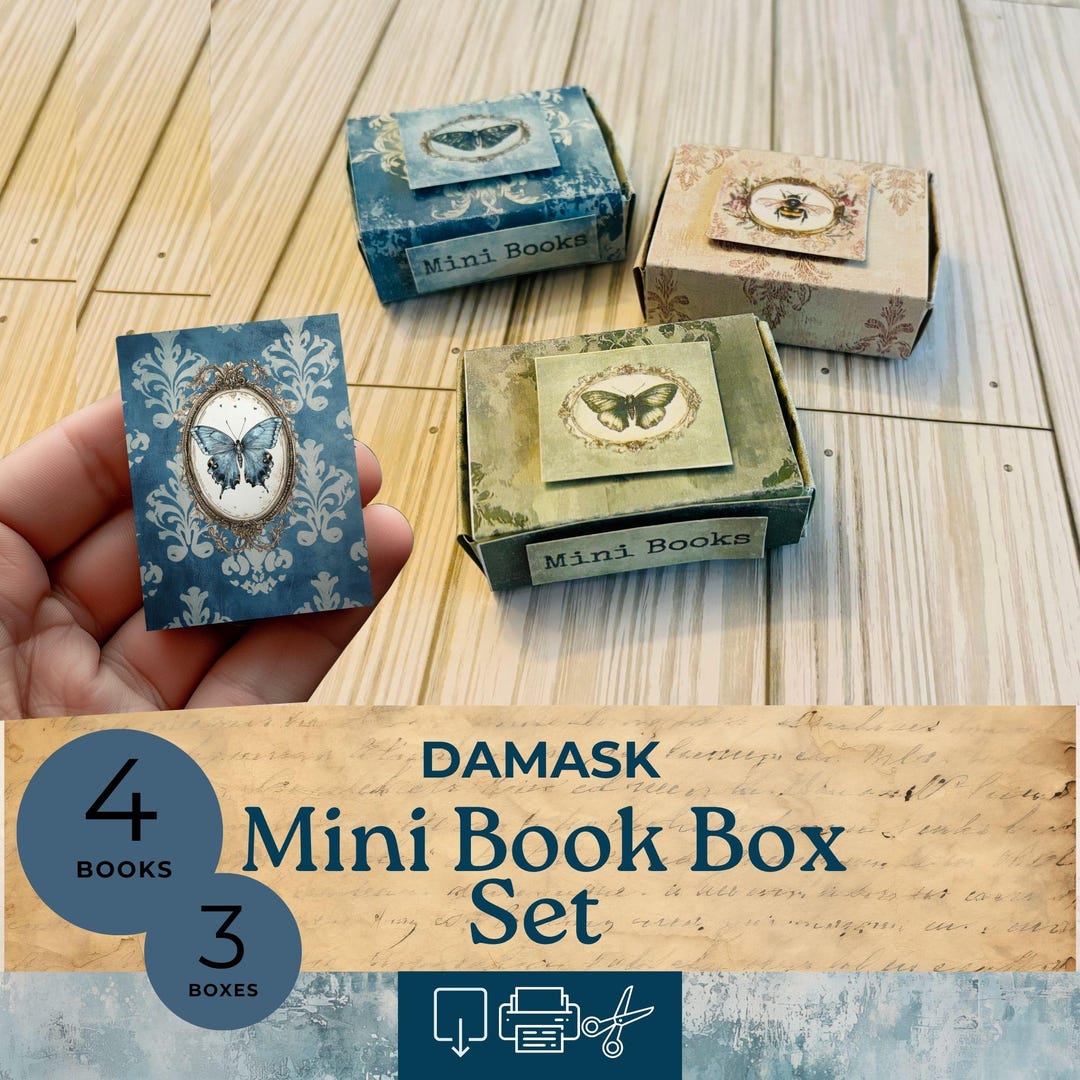 Printable Mini Box Junk Journal, Damask Miniature Book Dollhouse ...