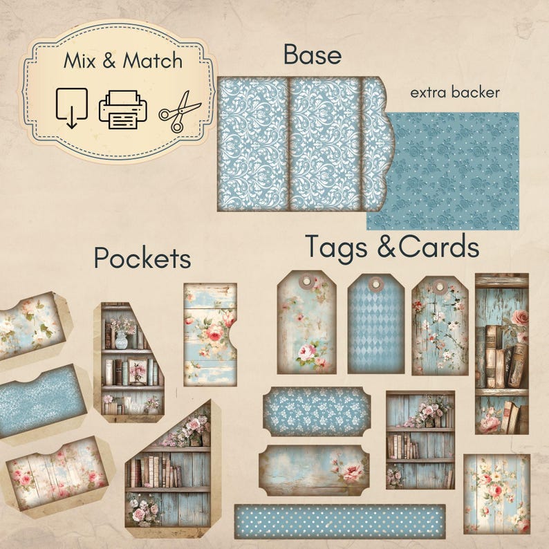 Shabby Chic Library Junk Journal Folio, Teal Floral Junk Journal Folio ...