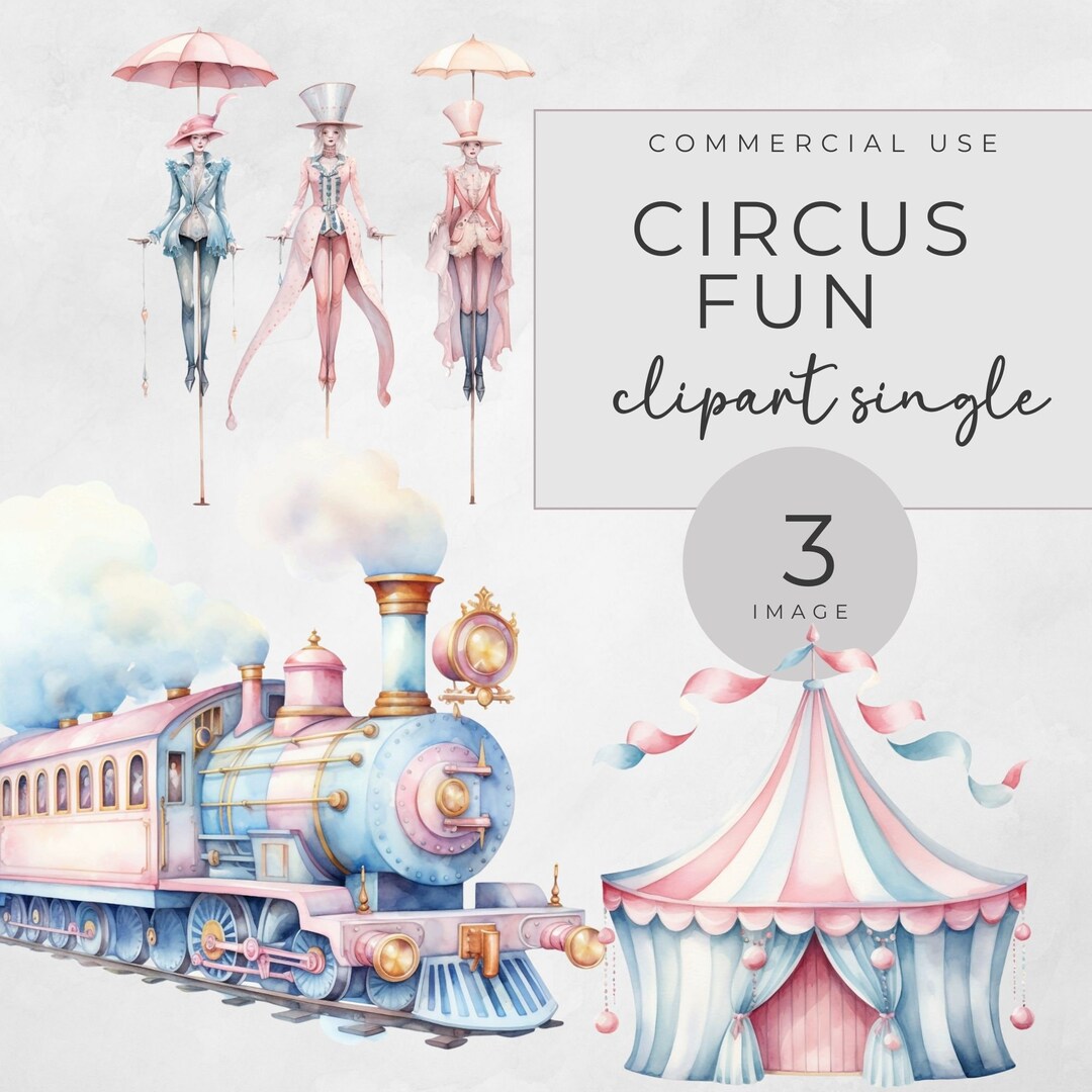 Pastel Circus Clipart, Circus Watercolor Clipart, Blue and Pink Train ...