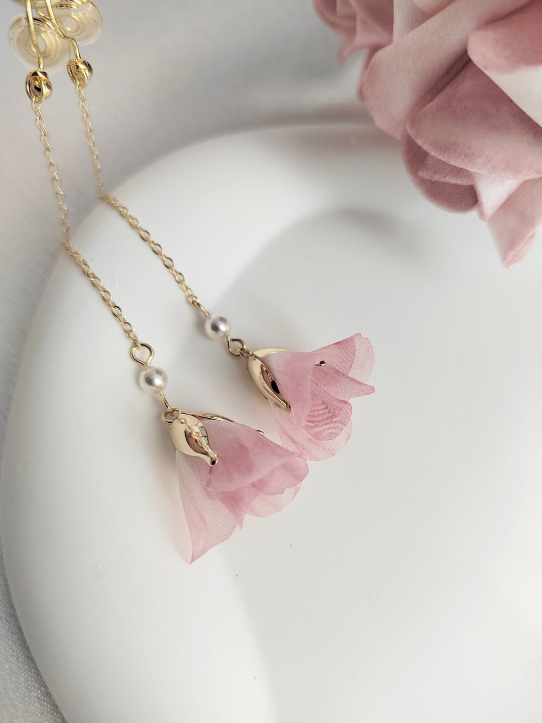 Clip on Earrings|pink Flower Petal Long Drop Clip on Earrings|14k Gold ...