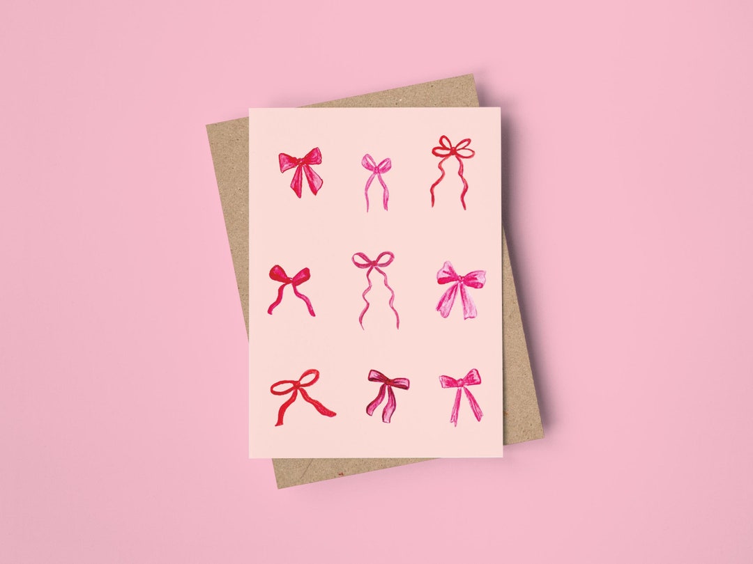 Cute Pink and Red Bows Greetings Card | Watercolour Ribbon Bows Card ...