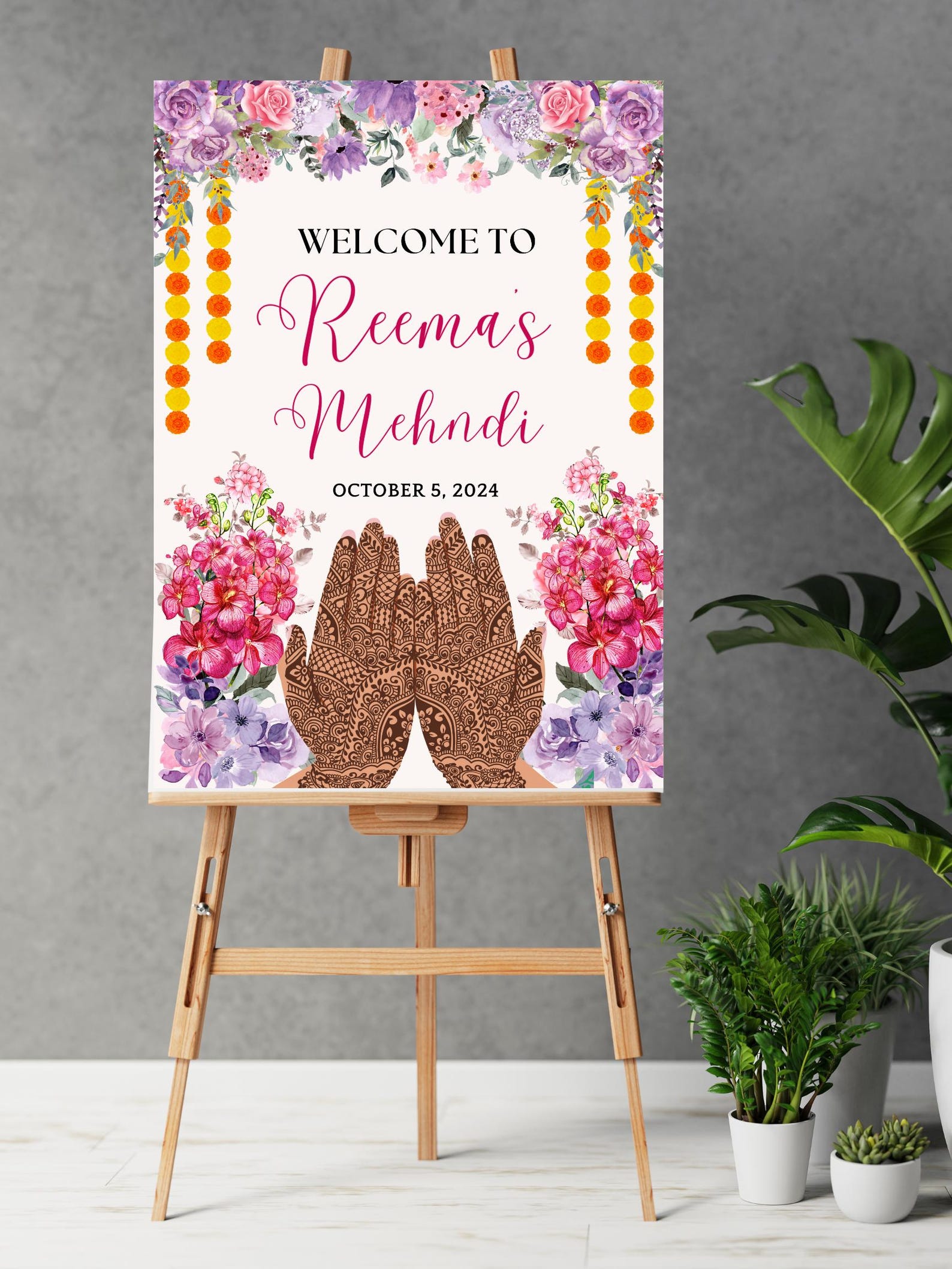 Mehndi Welcome Sign, Personalized Mehndi Sign, Mehndi Sign Flowers ...