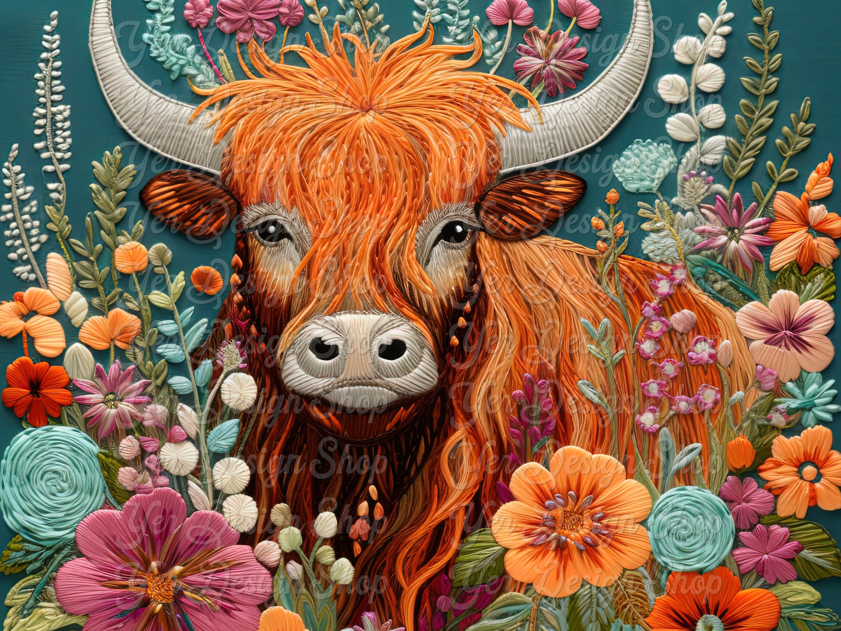 Digital Cute Embroidery Highland Cow Bundle, Cow Art, Boho Flowers ...