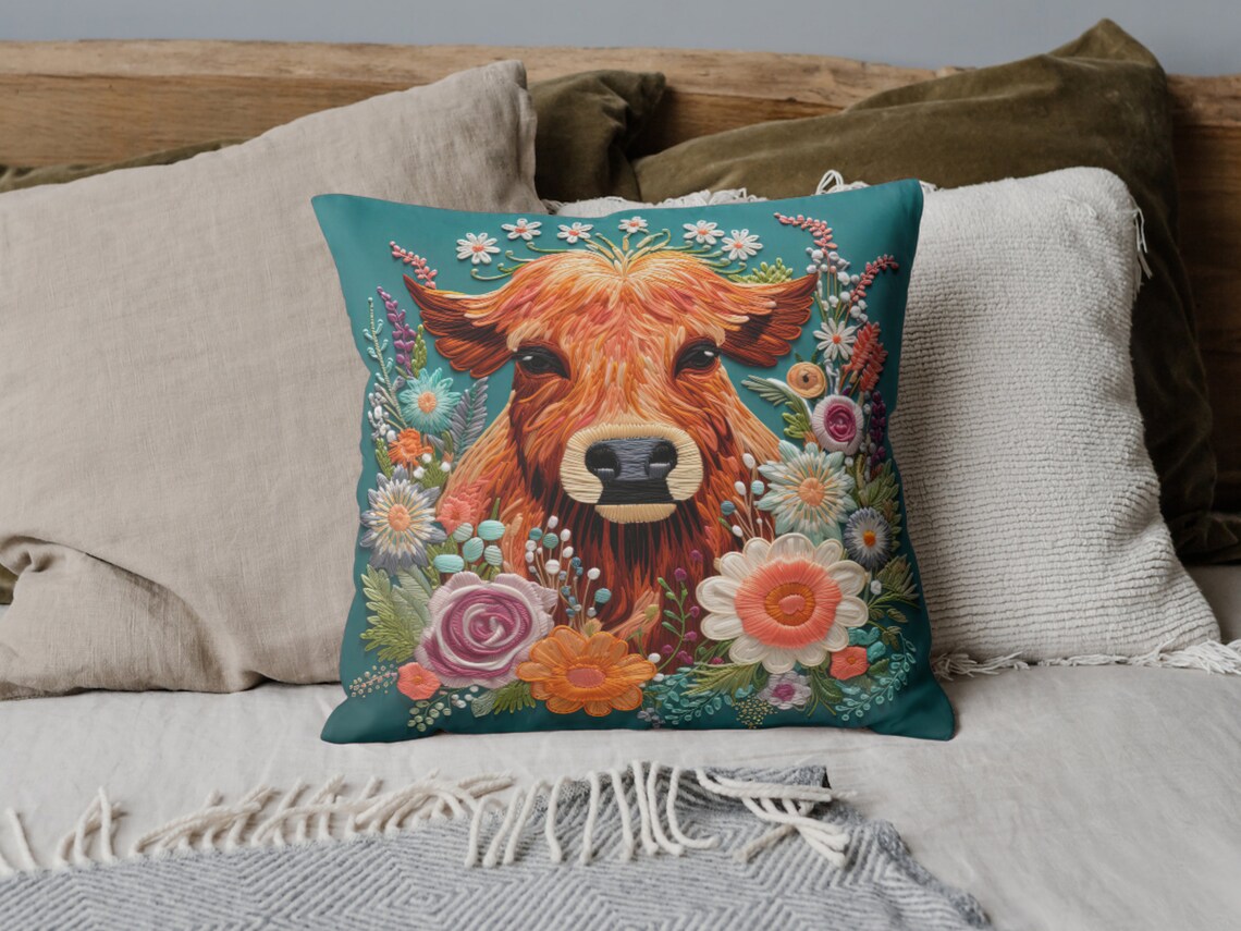 Digital Cute Embroidery Highland Cow Bundle, Cow Art, Boho Flowers ...