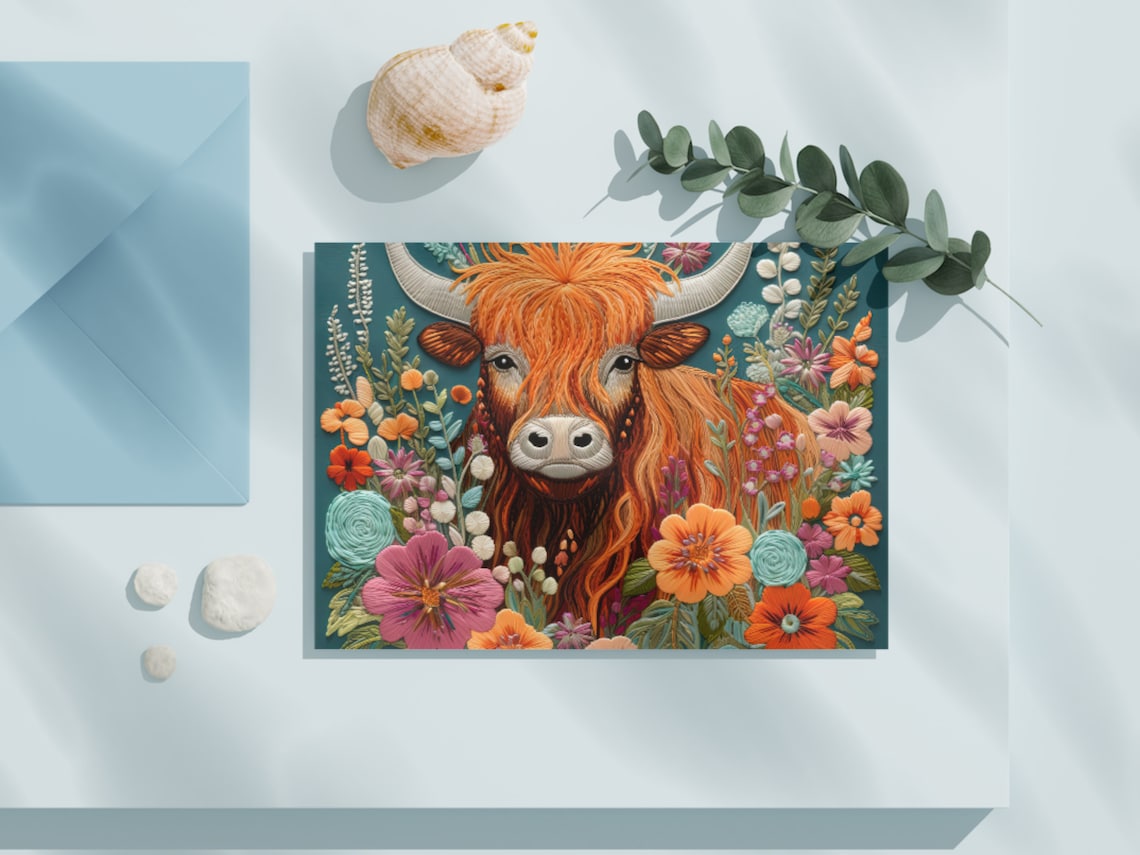 Digital Cute Embroidery Highland Cow Bundle, Cow Art, Boho Flowers ...