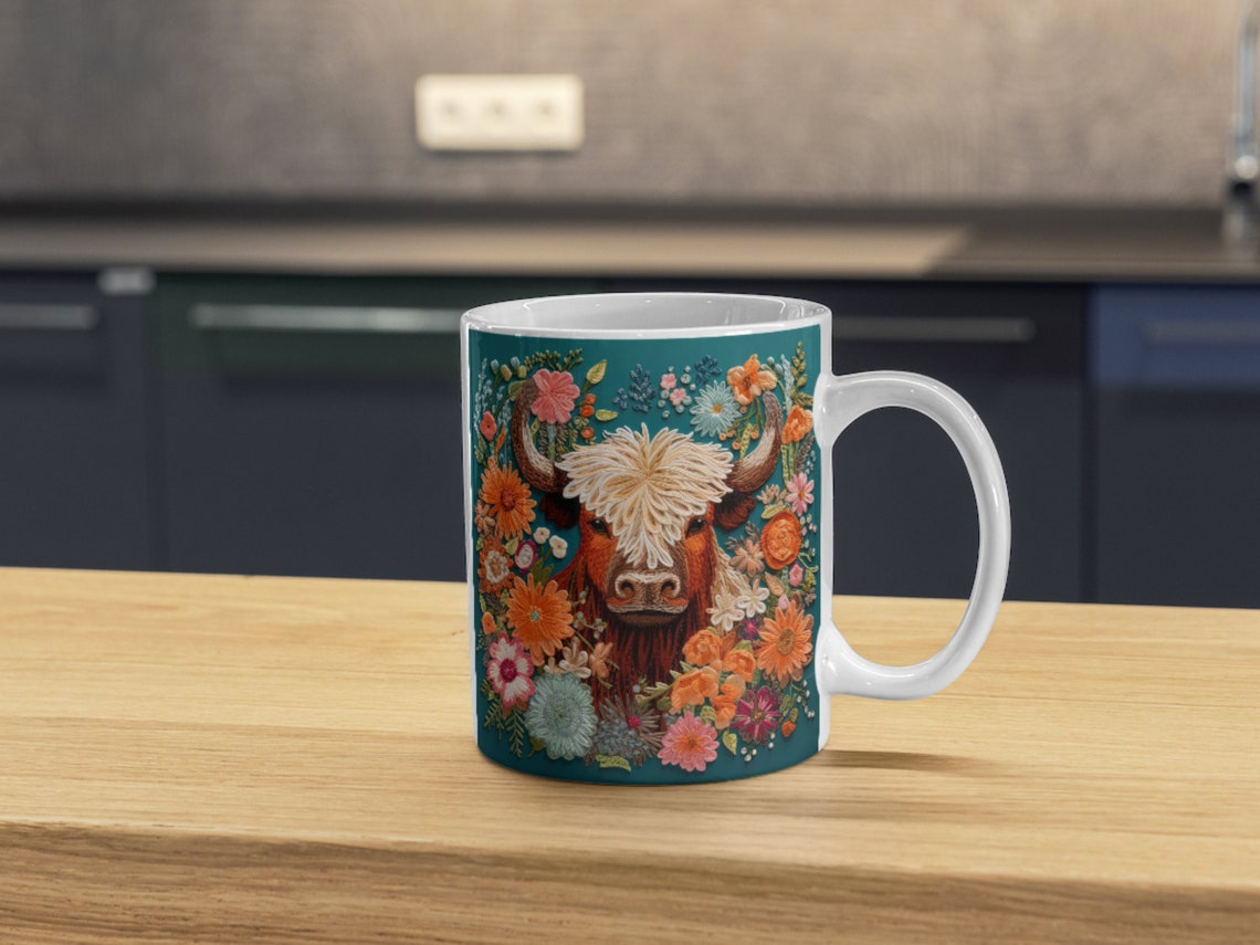 Digital Cute Embroidery Highland Cow Bundle, Cow Art, Boho Flowers ...